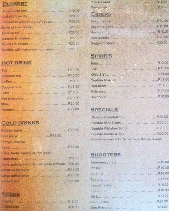 Menu at The Mulberry Tree restaurant, Pretoria