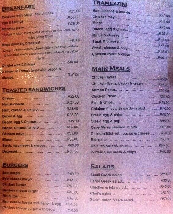 Menu at The Mulberry Tree restaurant, Pretoria