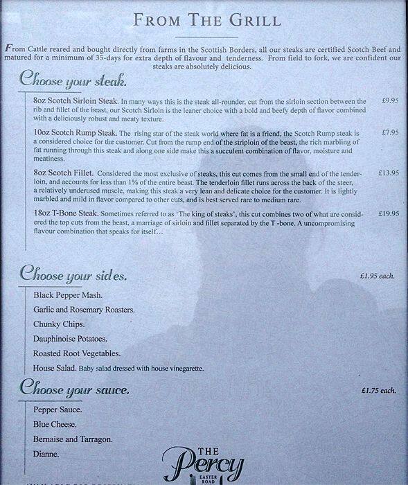 Menu at The Percy restaurant, Edinburgh