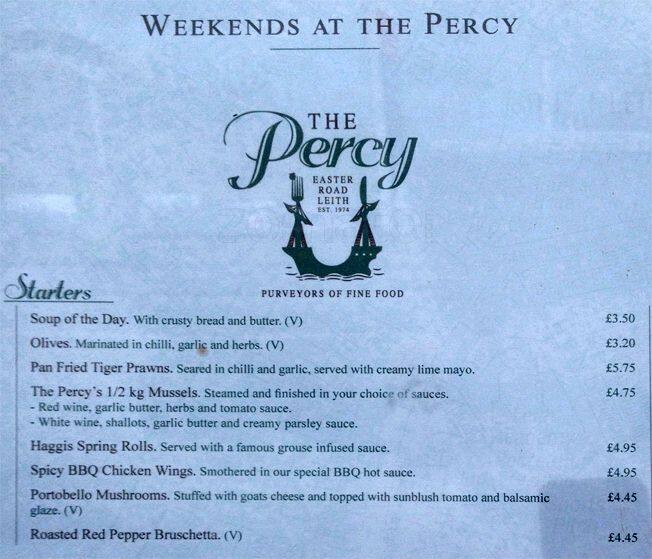 Menu at The Percy restaurant, Edinburgh