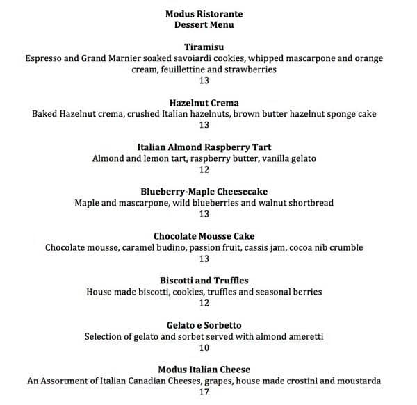 Menu at Modus Ristorante restaurant, Toronto