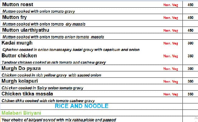 Menu at The PGS Vedanta, Cochin, Kochi