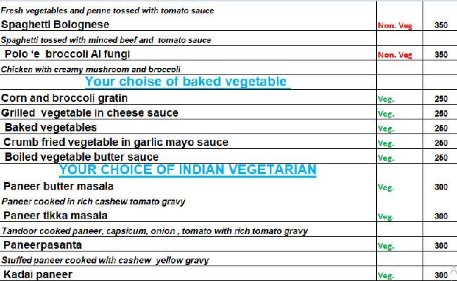 Menu at The PGS Vedanta, Cochin, Kochi