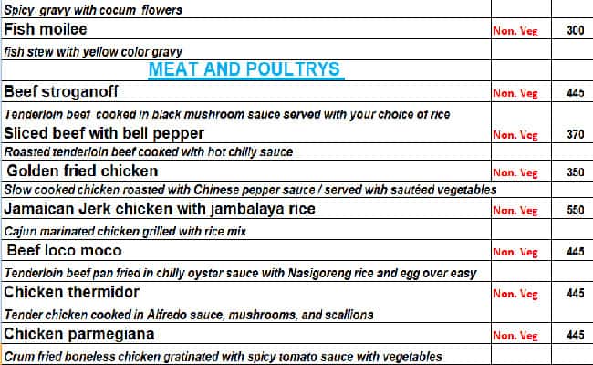 Menu at The PGS Vedanta, Cochin, Kochi
