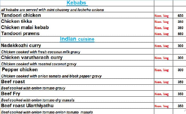 Menu at The PGS Vedanta, Cochin, Kochi