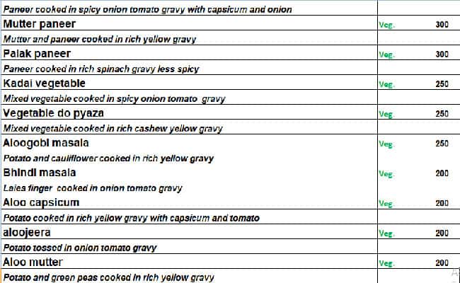 Menu at The PGS Vedanta, Cochin, Kochi