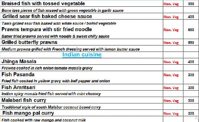 Menu at The PGS Vedanta, Cochin, Kochi