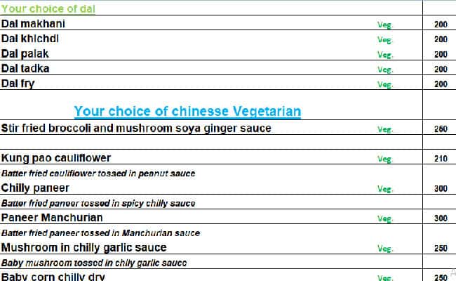 Menu at The PGS Vedanta, Cochin, Kochi