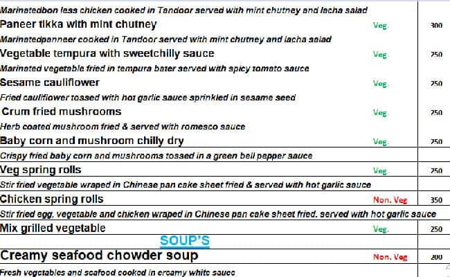 Menu at The PGS Vedanta, Cochin, Kochi