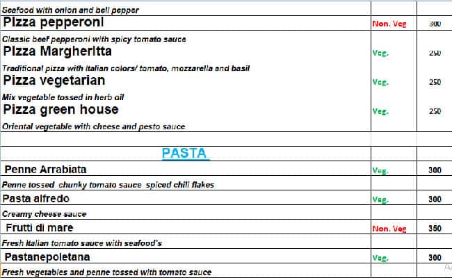 Menu at The PGS Vedanta, Cochin, Kochi
