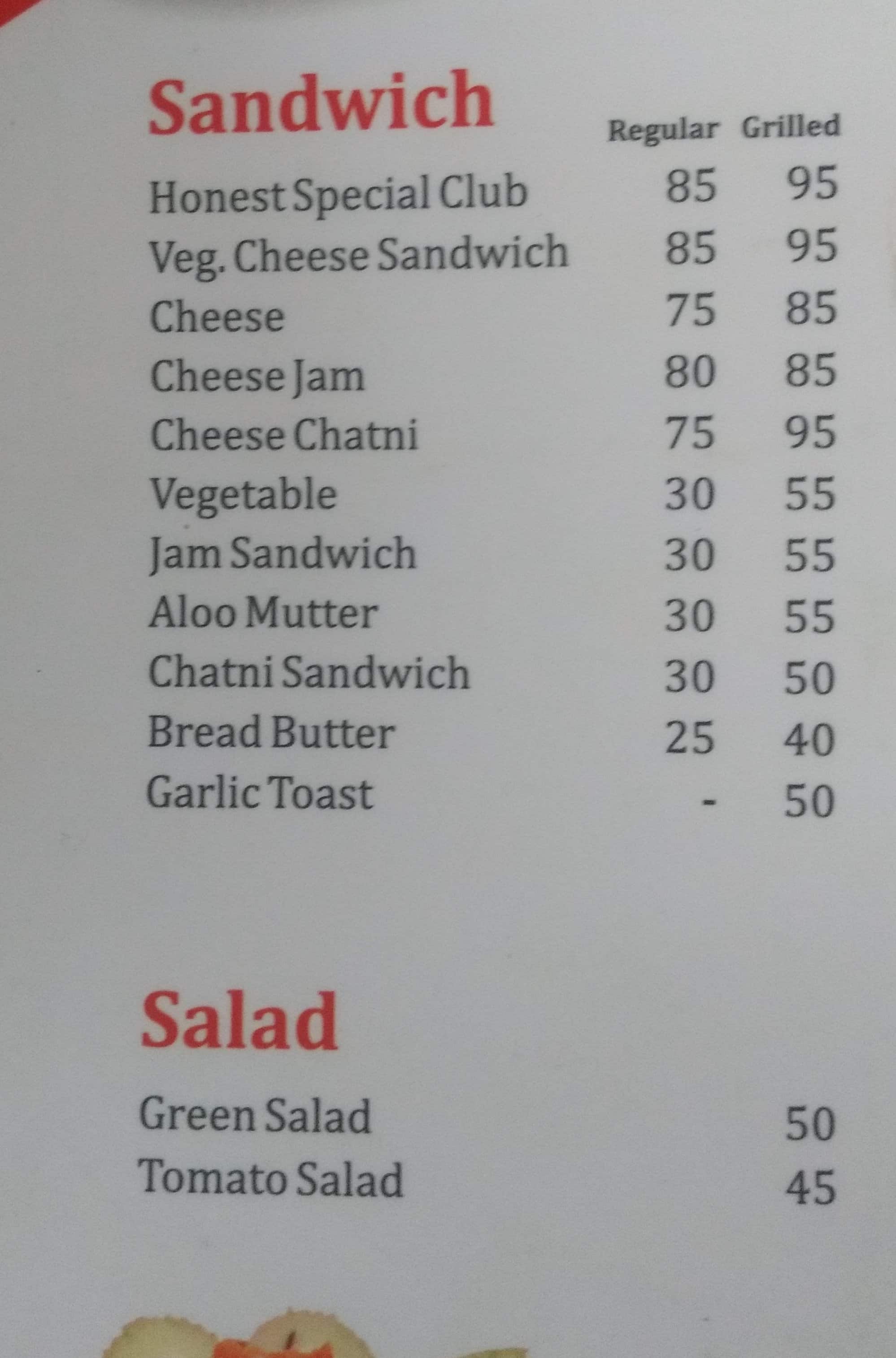 Honest Menu, Menu for Honest, Sola, Ahmedabad - Zomato