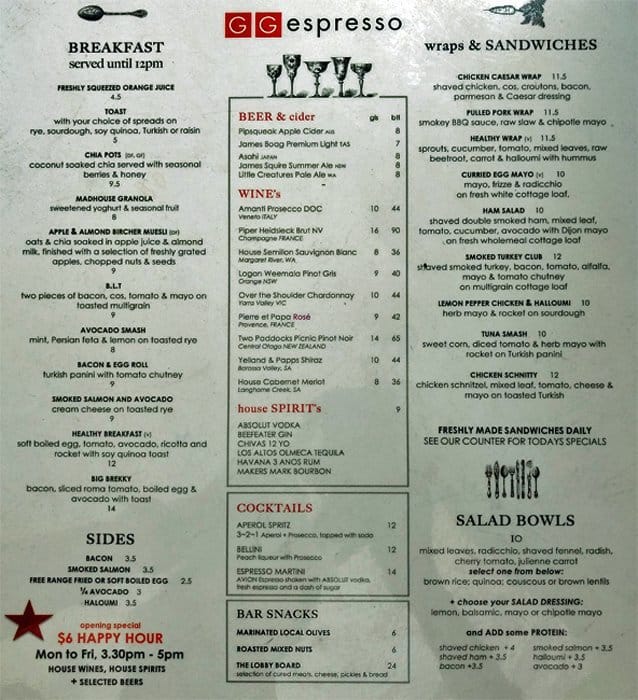 Menu at GG Espresso restaurant, Camperdown, 10 Mallett St