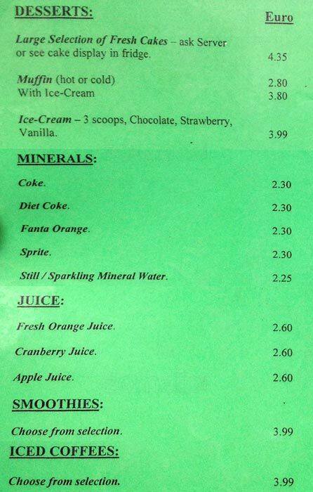Menu at Perc-Up Cafe, Dublin, St Stephen's Green
