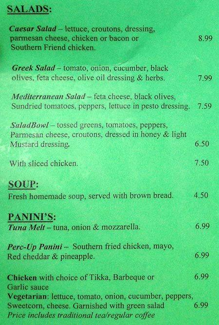 Menu at Perc-Up Cafe, Dublin, St Stephen's Green