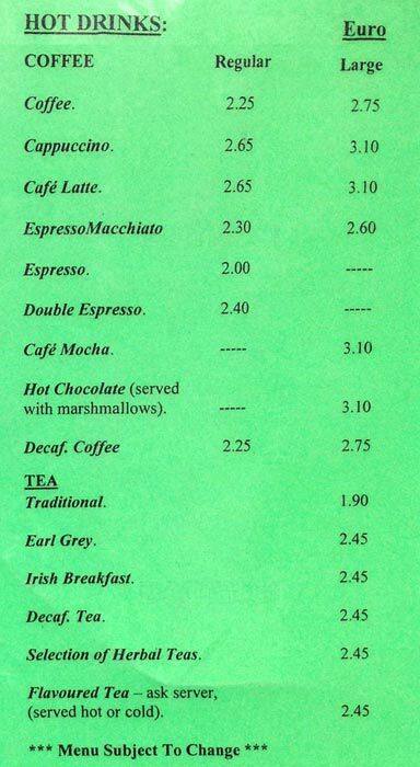 Menu at Perc-Up Cafe, Dublin, St Stephen's Green
