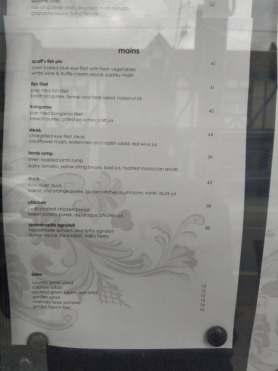 Menu at Quaff Restaurant & Private Function Rooms, Toorak