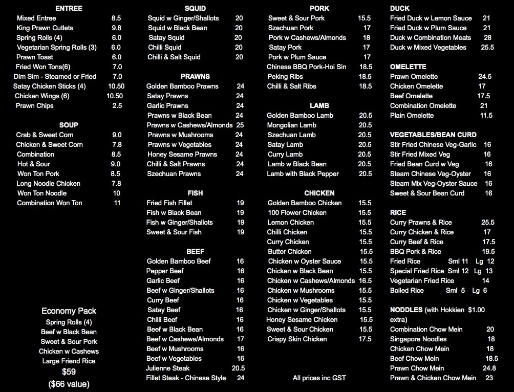 Menu at Golden Bamboo Chinese Restaurant, Boondall