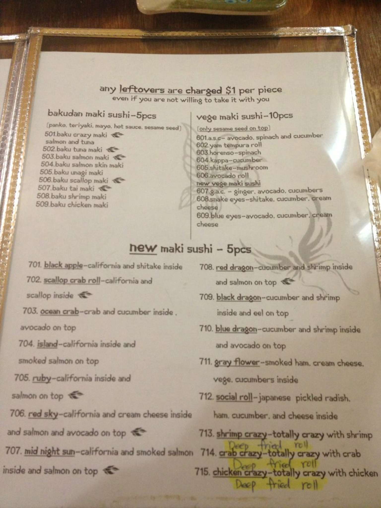 Menu at Magic Sushi restaurant, Winnipeg, 272 McPhillips St