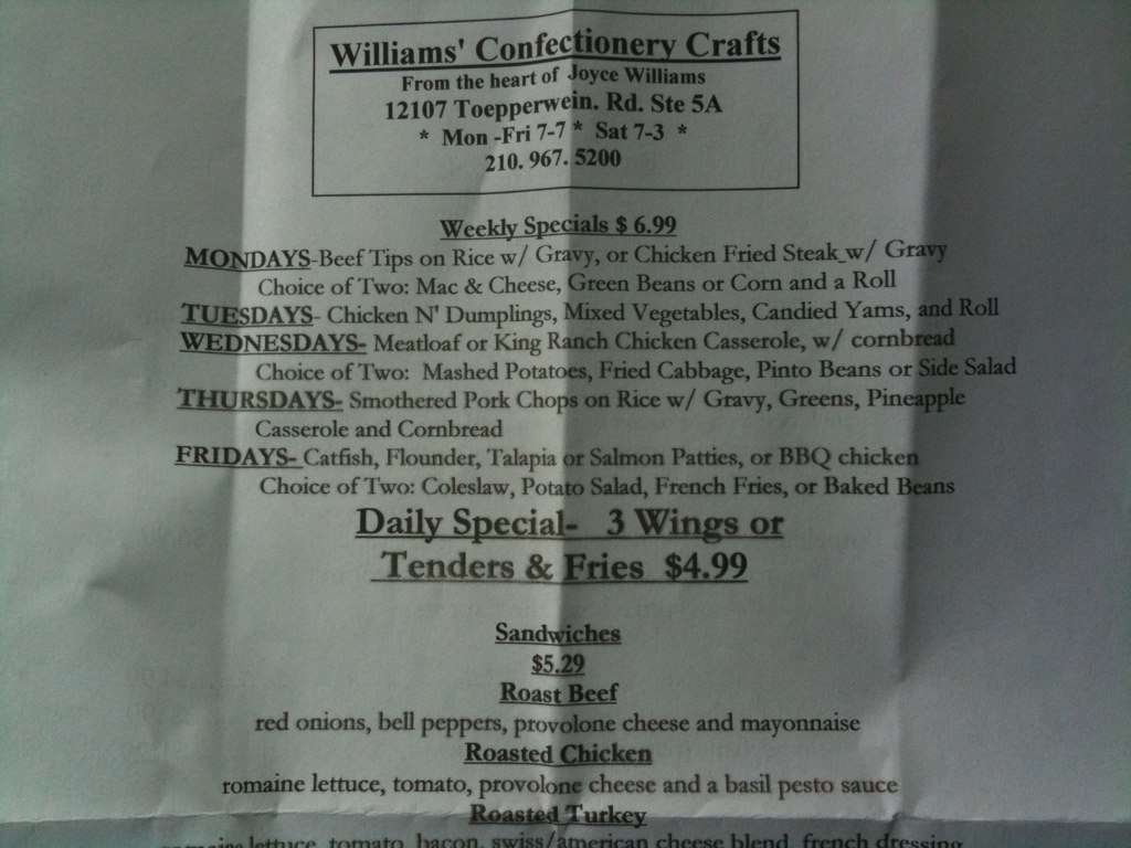 Menu at Williams Confectionery Crafts desserts, Live Oak