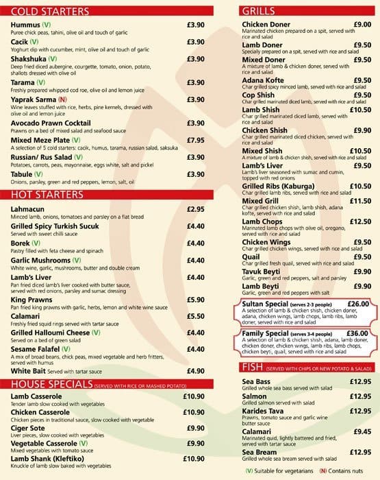 Menu at Sultan Sofrasi fast food, London, 72 Parnell Rd