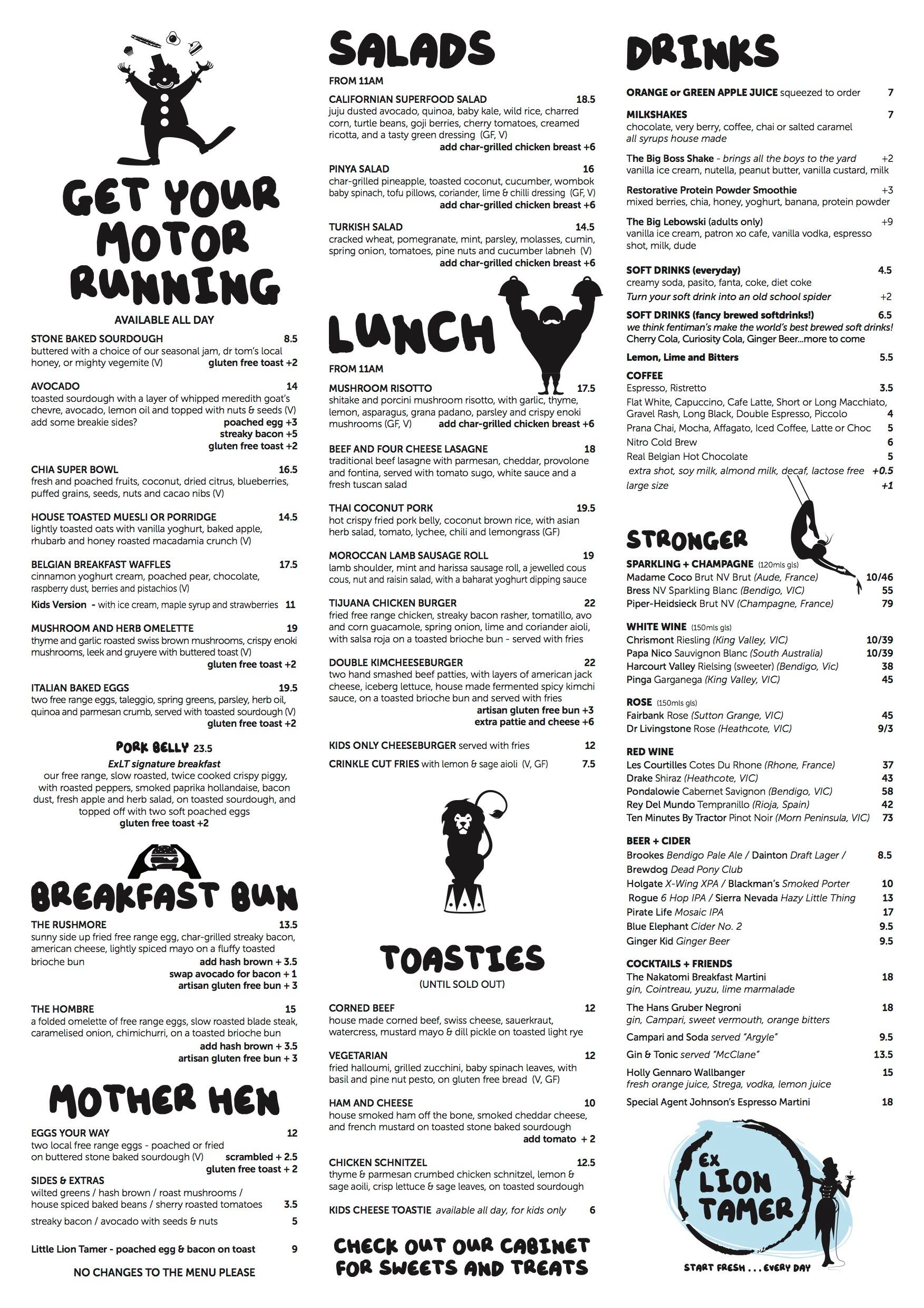 Menu at Ex Lion Tamer cafe, Bendigo