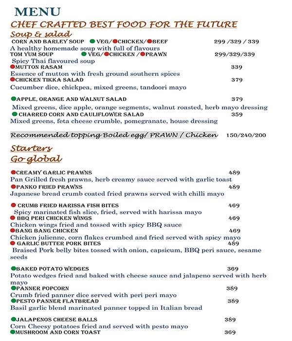 Menu of Hub at ECR, Injambakkam, Chennai