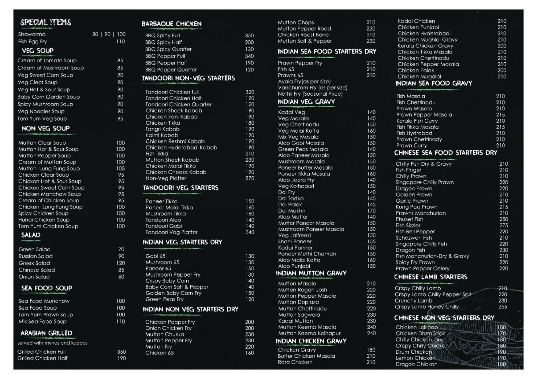Menu of Oceana's Multicuisine restaurant, Perungudi, Chennai