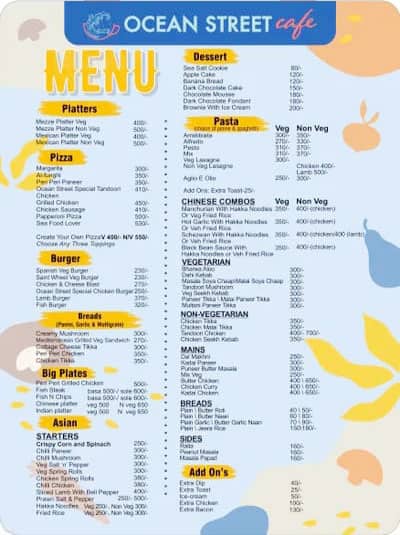 Menu at Ocean Street Cafe, New Delhi