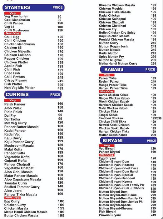Menu of Hotel Murari, Kukatpally, Hyderabad