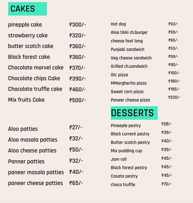 Menu of Shiv Shakti Bakers, Jagatpura, Jaipur