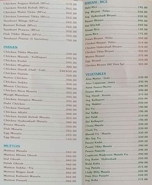 Menu of Hill View, Dahisar West, Mumbai