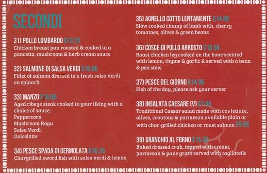 Menu at Del Villagio restaurant, Birmingham