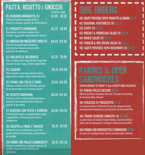Menu at Del Villagio restaurant, Birmingham