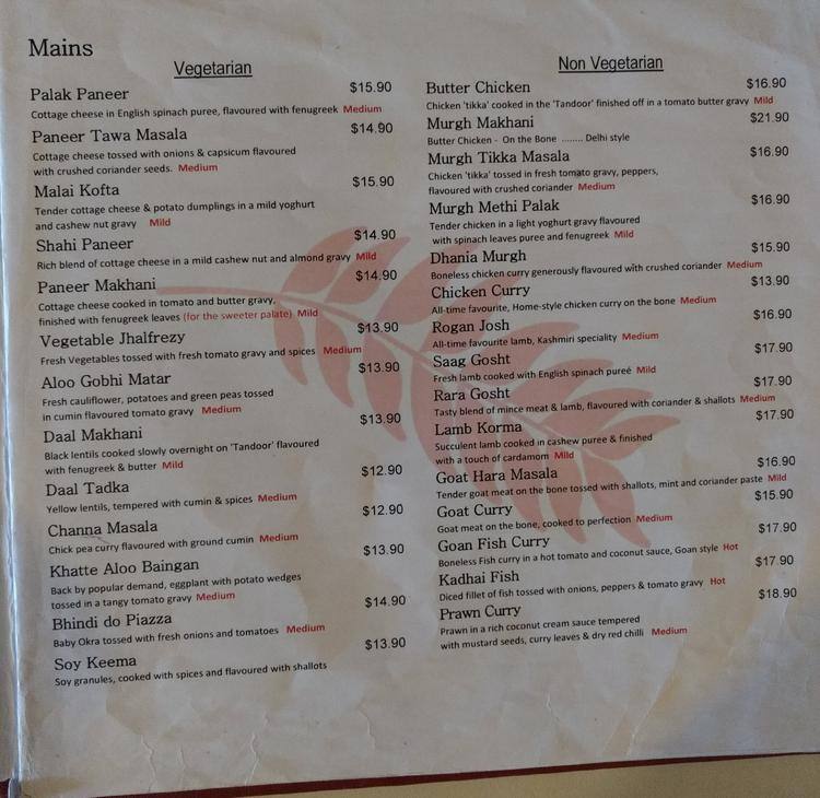 Menu at Thousand Spices Indian Restaurant, Homebush