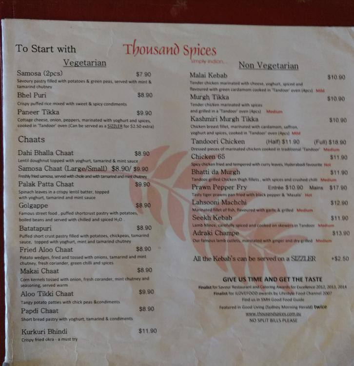 Menu at Thousand Spices Indian Restaurant, Homebush