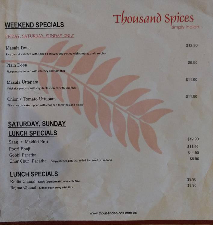 Menu at Thousand Spices Indian Restaurant, Homebush