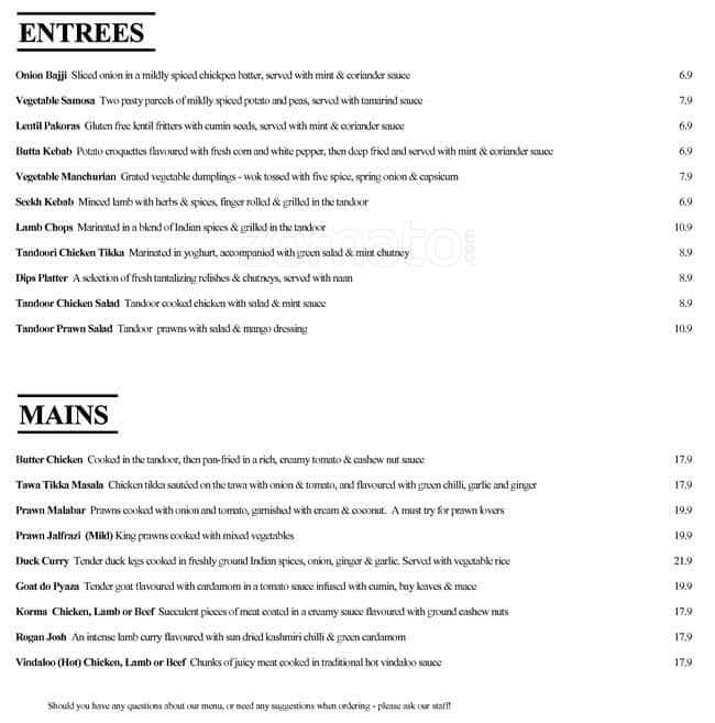 Menu at Charminar restaurant, Brighton