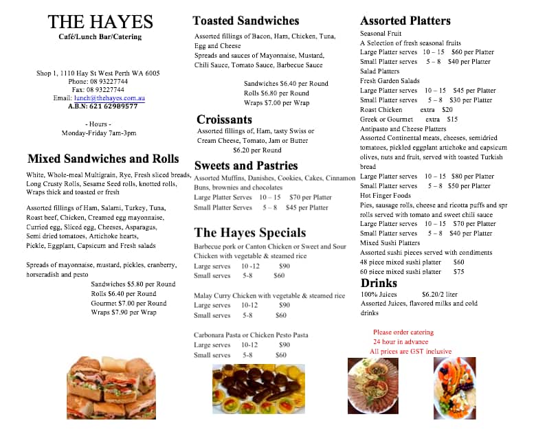 Menu at THE Hayes Cafe, West Perth