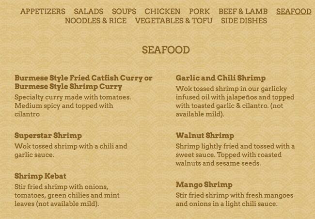 Menu at Burma Superstar restaurant, Alameda