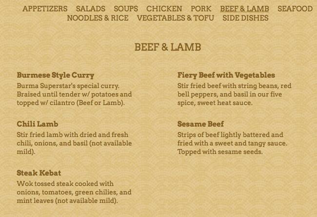 Menu at Burma Superstar restaurant, Alameda