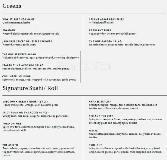 Menu at The One restaurant, Atlanta