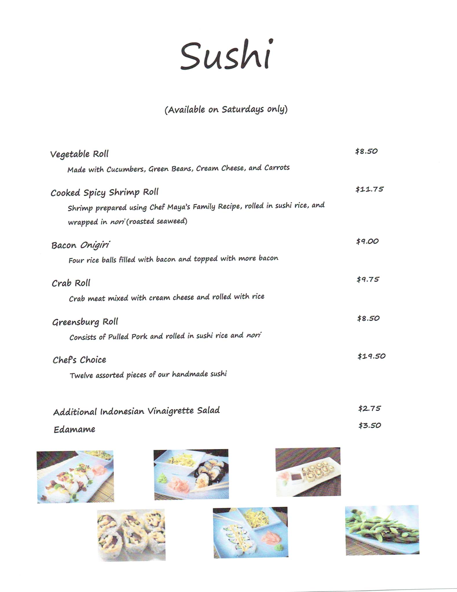 Menu at Mayasari Indonesian Grill restaurant, Greensburg