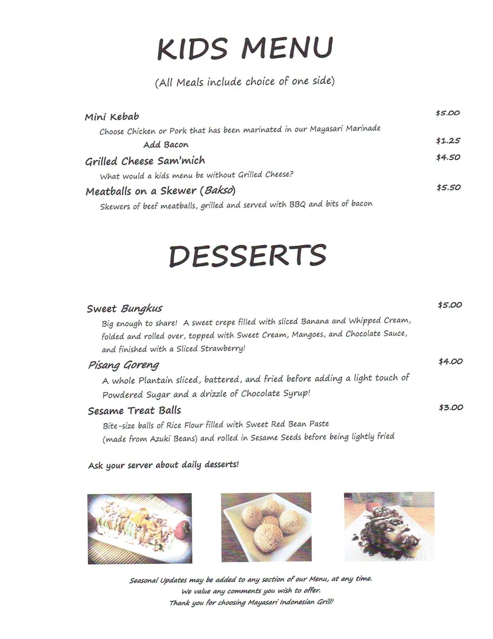 Menu at Mayasari Indonesian Grill restaurant, Greensburg