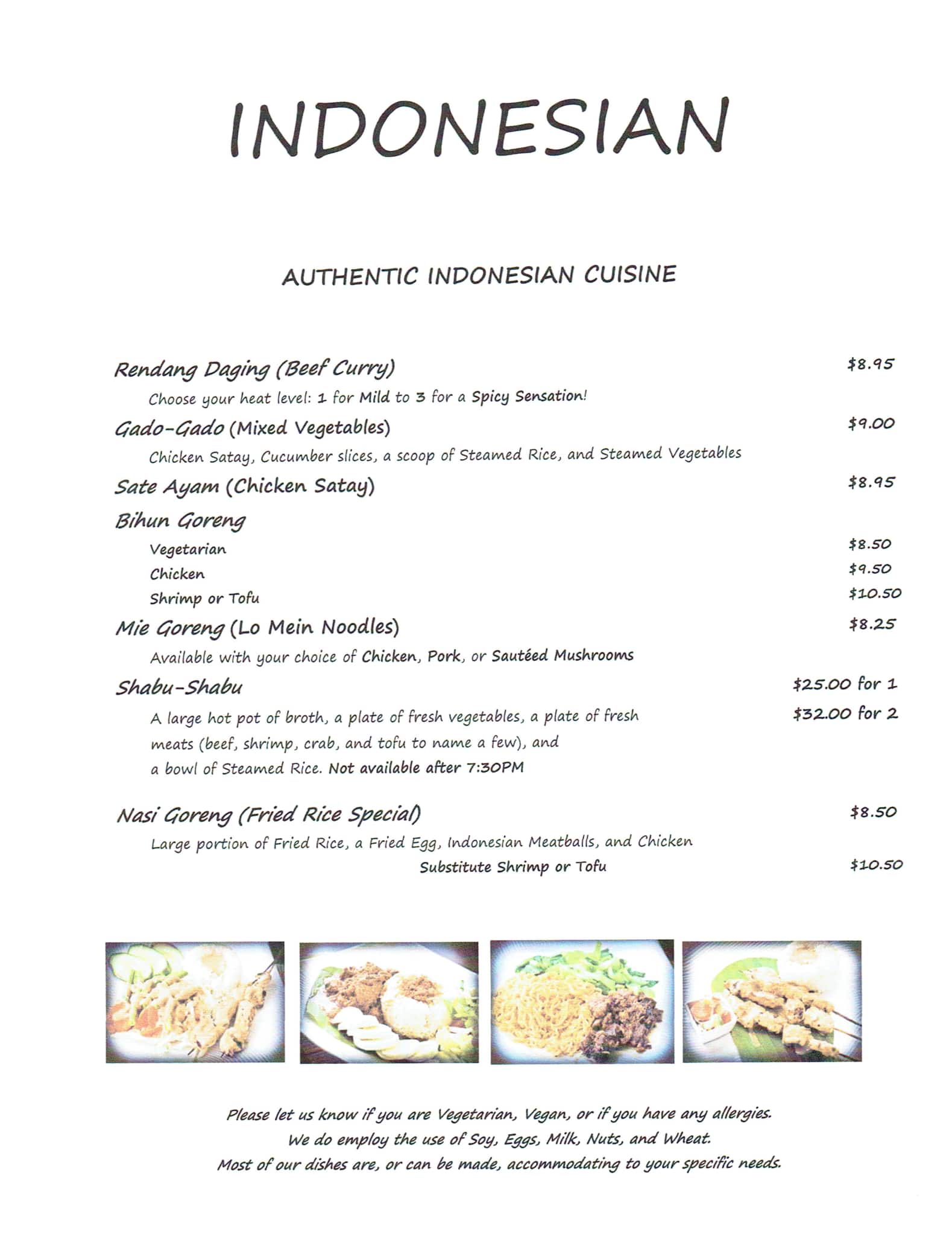 Menu at Mayasari Indonesian Grill restaurant, Greensburg