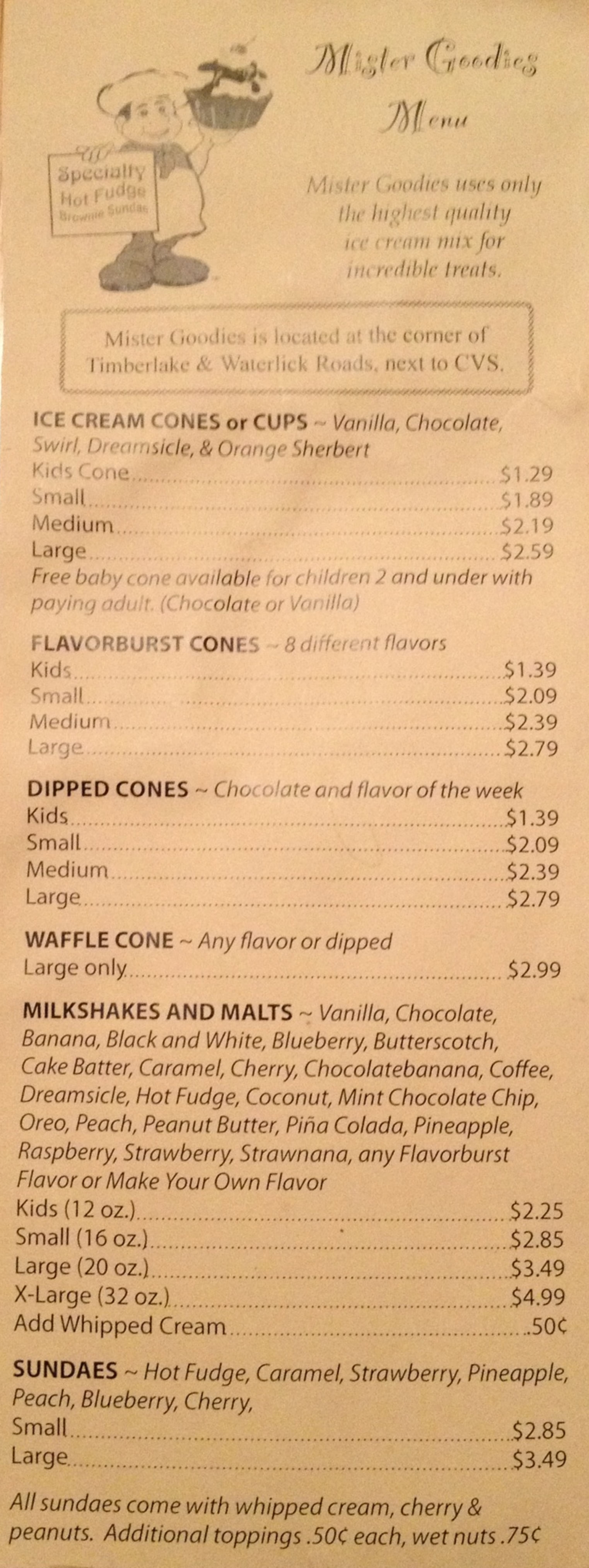 Menu at Mister Goodies, Lynchburg