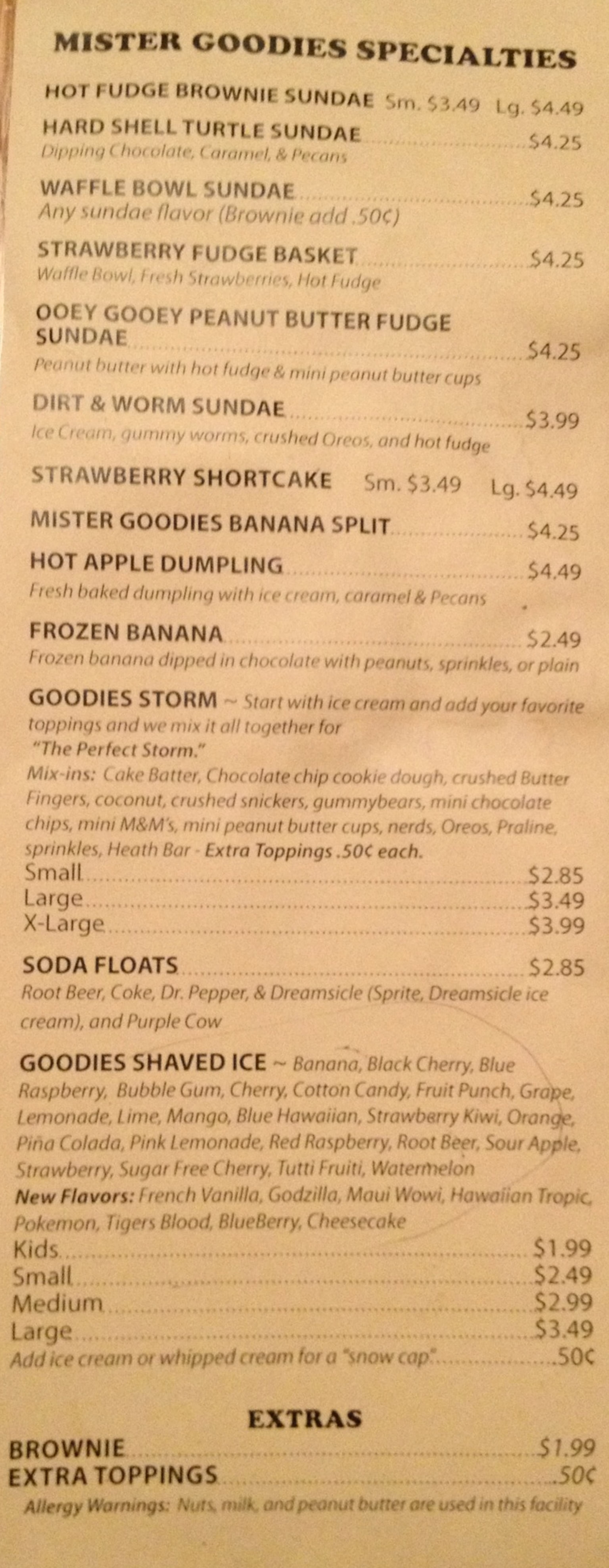 Menu at Mister Goodies, Lynchburg