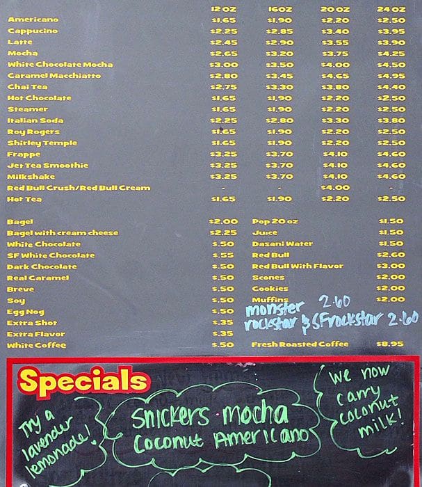 Menu at Canyon Coffee Creations cafe, Tacoma, 72nd St E