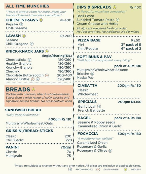 Menu of Delhi Baking Story, DLF Phase 4, Gurgaon
