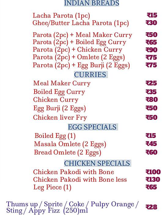 Menu of RR Foods, ECIL, Secunderabad