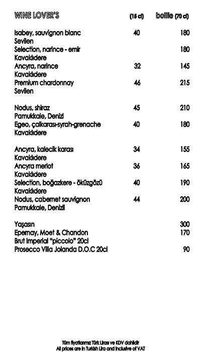 Menu at Mezzanine, Istanbul